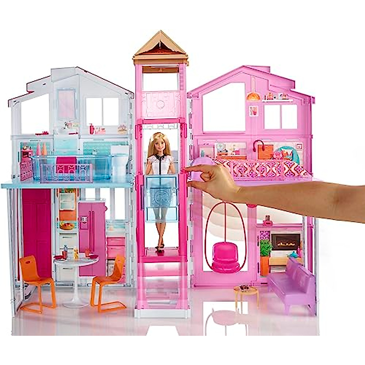 Barbie Doll House, 3-Story Townhouse with 4 Rooms & Rooftop Lounge, Furniture & Accessories Including Swinging Chair (Amazon Exclusive)
