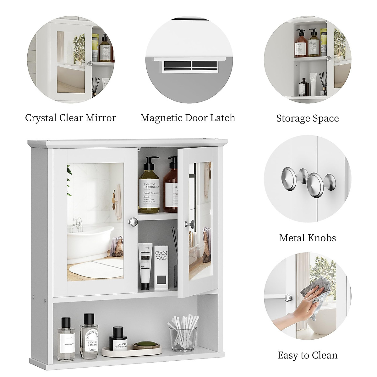 Shintenchi Bathroom Cabinet with Mirror, Wood Medicine Cabinet with Adjustable Shelf, Wall Mount Cabinet Storage, Cupboard, White