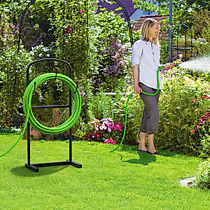 Venkuber Garden Hose Holder, Freestanding Hose Holder Stand with Hanger Hooks Heavy Duty Water Hose Storage Rack for Yard Outside Outdoor, Black
