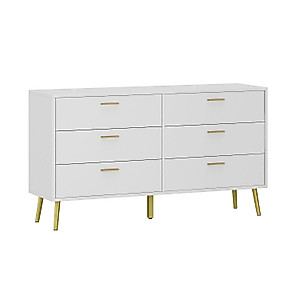 TAMUNE 54” 6 Drawer Dresser, Modern 6-Drawer Chest with Gold Metal Handles, Bedroom Dresser with Gold Metal Legs, for Living Room Entryway White (54”W x 15.7”D x 30.1”H)