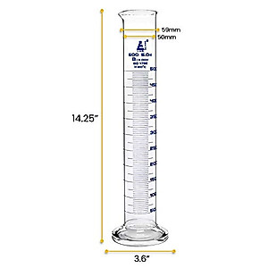 EISCO Graduated Cylinder, 500ml - Class B Tolerance ±5.00ml - Round Base - Blue Graduations - Borosilicate 3.3 Glass