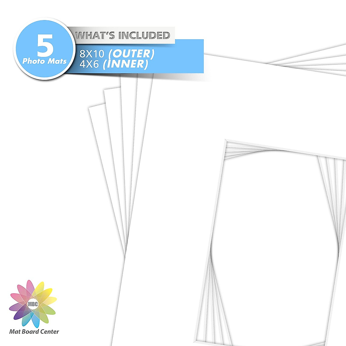 MBC Mat Board Center, Pack of 5, 8x10 for 4x6 White Photo Picture Mats - Acid Free, 4-ply Thickness, White Core - for Pictures, Photos, Framing