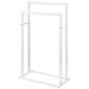 mDesign Metal Tall 2-Tier Free-Standing Towel Rack Holder for Bathroom Storage and Organization, Floor Stand Holds Bath, Hand Towels; Great for Guest, Half, Kids' Bathrooms - Matte White
