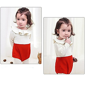 Urkutoba Baby Girls Romper Knitted Ruffle Long Sleeve Jumpsuit Baby Kids Girl Romper Autumn Winter Casual Clothing (0-6 Months, Red)