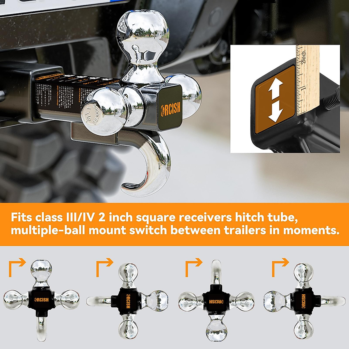 ORCISH Trailer Hitch Tri-Ball Mount with Hook & Pin, Trailer Ball Size 1-7/8", 2" and 2-5/16", Fit 2 Inch Hitch Receiver, 2/3 in 1 Ball Truck Hitch, Tow Hitch