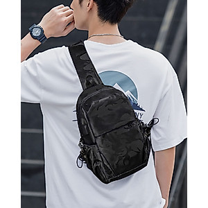 Small Black Sling Crossbody Backpack Shoulder Bag for Men Women, Lightweight One Strap Chest Backpack Sling Bag Backpack for Hiking Walking Biking Travel Cycling USB Charger Port Nylon Camouflage