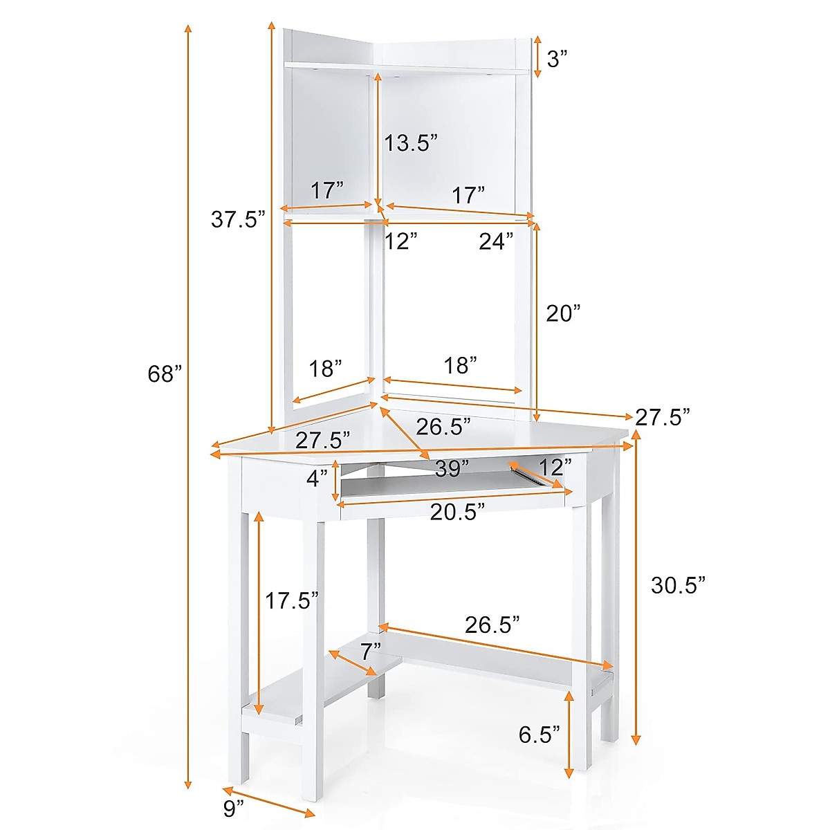 Tangkula White Corner Desk with Hutch, 90 Degrees Triangle Computer Desk with Keyboard Tray & Bookshelves for Small Space, Space Saving Writing Desk with Storage Shelves for Bedroom Apartment