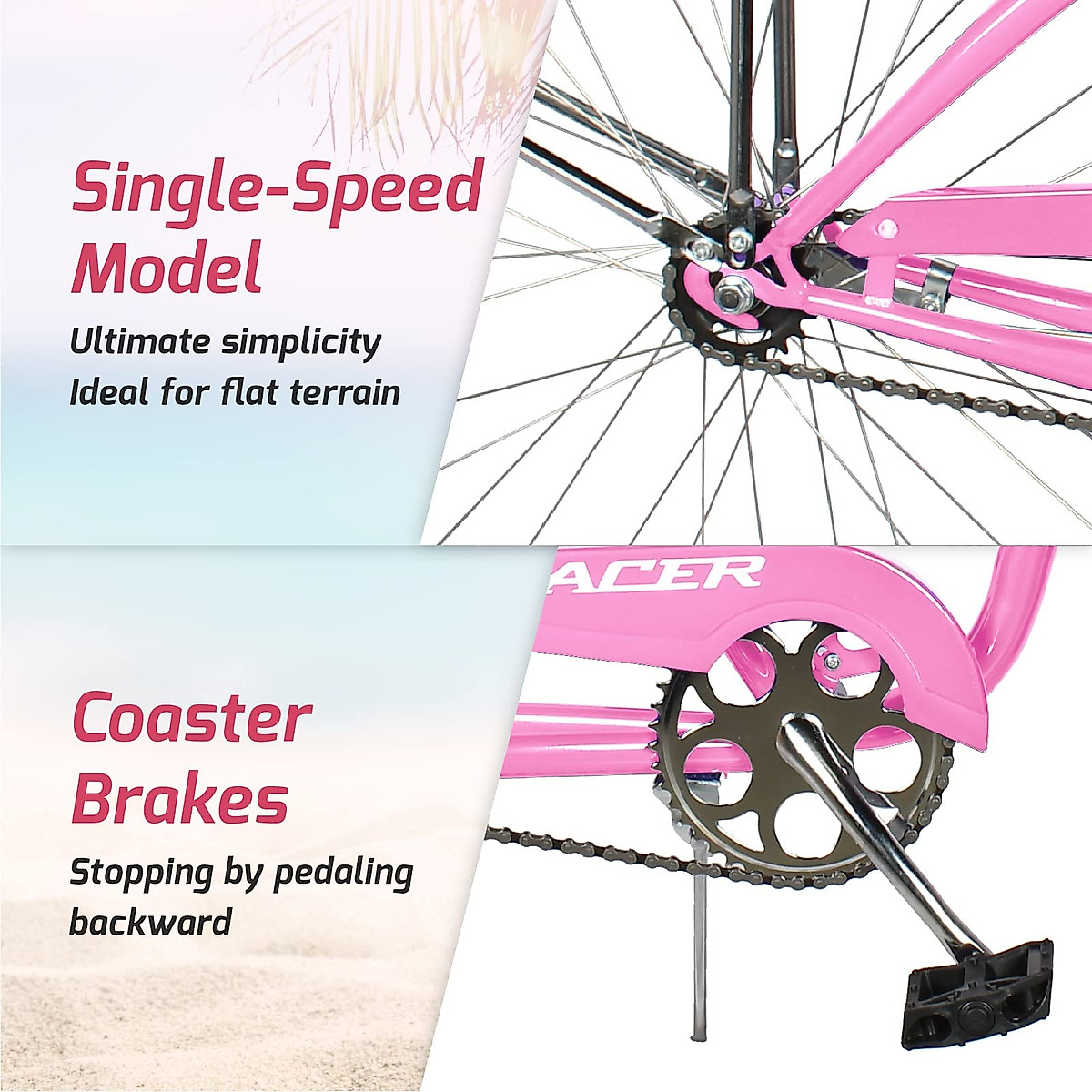 Tracer TAHA Beach Cruiser Bike for Women,26 Inch Wheels,Hi Ten Steel Frame,1 Speed,Coaster Brake,Hybrid Bike for Adults,Complete Cruiser Bikes,Pink