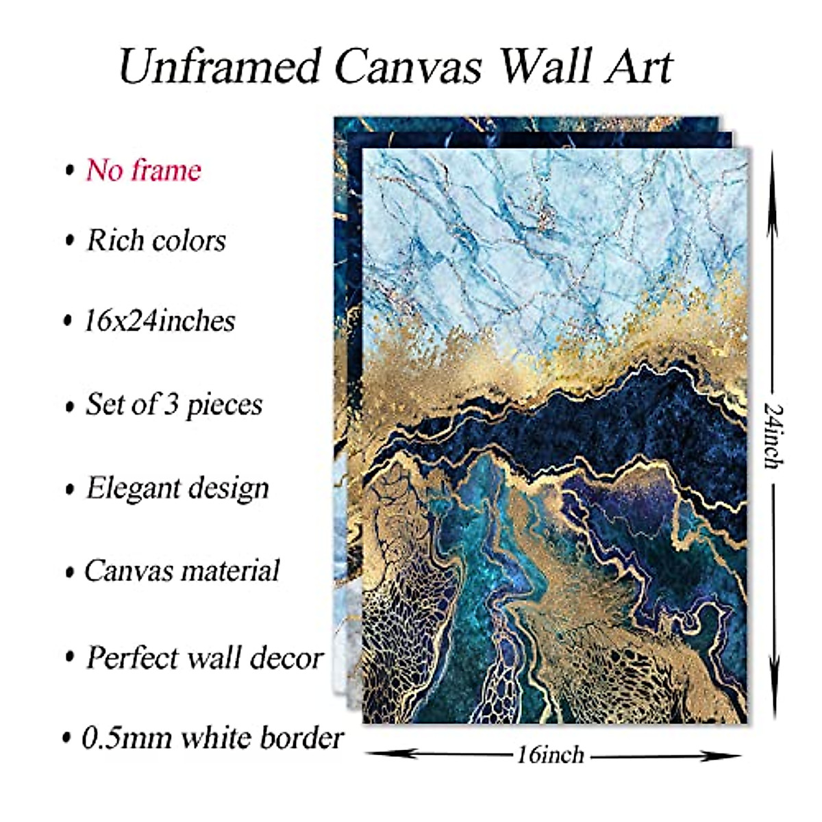 Navy Blue and Gold Marble Wall Art Abstract Marble Modern Trendy Canvas Prints Blue and White Marble Painting Abstract Shaped Artwork Light Blue and Navy Wall Art Abstract Marble 16x24inx3pcs No Frame