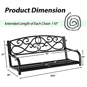 Giantex Metal Porch Swings 2 Person Outdoor Hanging Garden Bench with Sturdy Chains, Wide Seat & Curved Armrests, 485 Lbs Weight Capacity Swing Loveseat for Deck, Backyard Patio Swing Chair (Black)