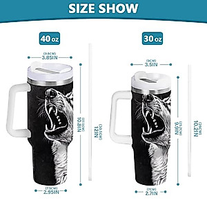ODAWA 40oz Travel Insulated Tumblers with Handle and Straw, Black White Wolf Double Wall Insulated Tumbler
