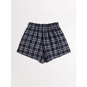 MakeMeChic Women's Elastic Waisted Plaid Shorts Lounge Pajama Shorts Navy Blue L