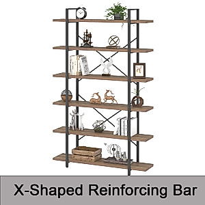 HSH Tall Bookcases and Book Shelves 6 Shelf, Metal Wooden Book Shelf and Storage Rack, Modern Etagere 6 Tier Bookshelf, Farmhouse Large Display Bookshelves for Bedroom Living Room Office, Rustic Oak