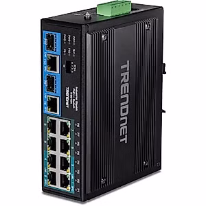 TRENDnet 10-Port Hardened Industrial Unmanaged Gigabit PoE ++ DIN-Rail Switch, 4 Gigabit PoE++ Ports, 4 Gigabit PoE+, 2 Gigabit Share Ports SFP or RJ-45, 360W Power Budget, Black, TI-BG104
