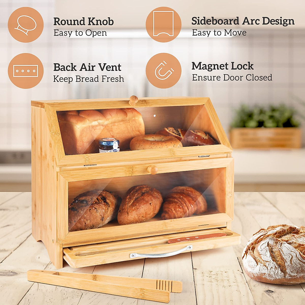 Vrullu Bread Box for Kitchen Countertop, Bamboo Bread Container with Double Layer, Large Capacity Bread Storage with Acrylic Doors, Cutting Board and Stainless Steel Bread Knife