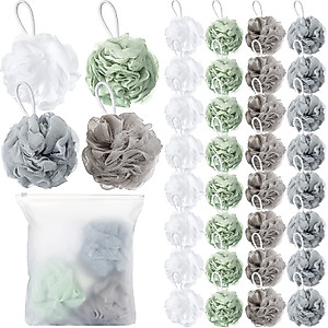 Shellwei 32 Pcs Bath Sponge Shower Loofahs Bulk 60 g Charcoal Body Shower Sponge Large Mesh Puff Soft Scrubber for Men and Women Exfoliating Shower Pouf Balls with Bathing Accessories (Bright)