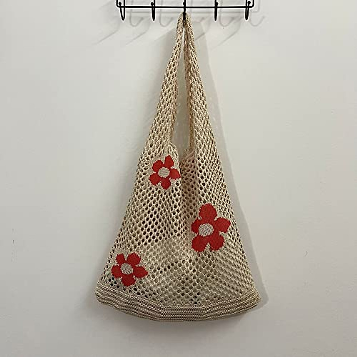 Crochet Tote Bag for Women - Cute Knitting Shoulder Tote Bags Purse Aesthetic Mesh Hollow Flower Woven Beach Tote Handbag (A Beige)