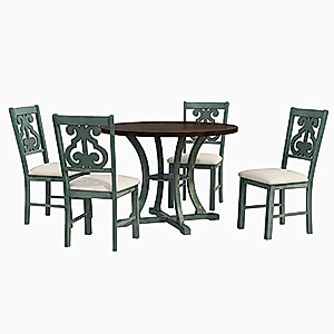 YUNLife&Home 5 Piece Kitchen and Dining Furniture Set,Round Table and Fabric Special-Shaped Legs & Exquisitely Designed Hollow Chairs Backn for Living Room/Breakfast Nook/Dinette, Antique Blue