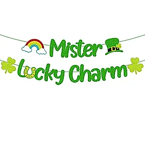 Mister Lucky Charm Banner St. Patrick Day Decoration for Boys Glitter Green Three Leaf Clover Shamrock Garland for Irish Day Party Decor Lucky Themed Men Boys Birthday Baby Shower Party Anniversary Celebration Supplies