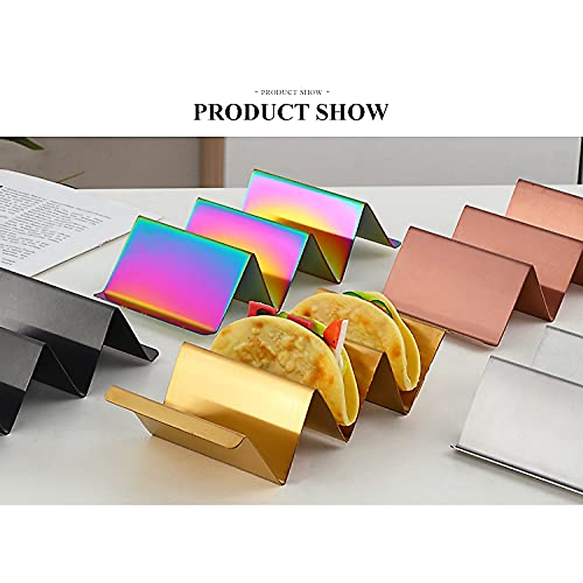 QIBOORUN Taco Holder Stand Set of 4 with 1 Food Tong - Stainless Steel Taco Stand Rack Tray Style, Oven Safe for Baking, Dishwasher and Grill Safe -Rainbow Color