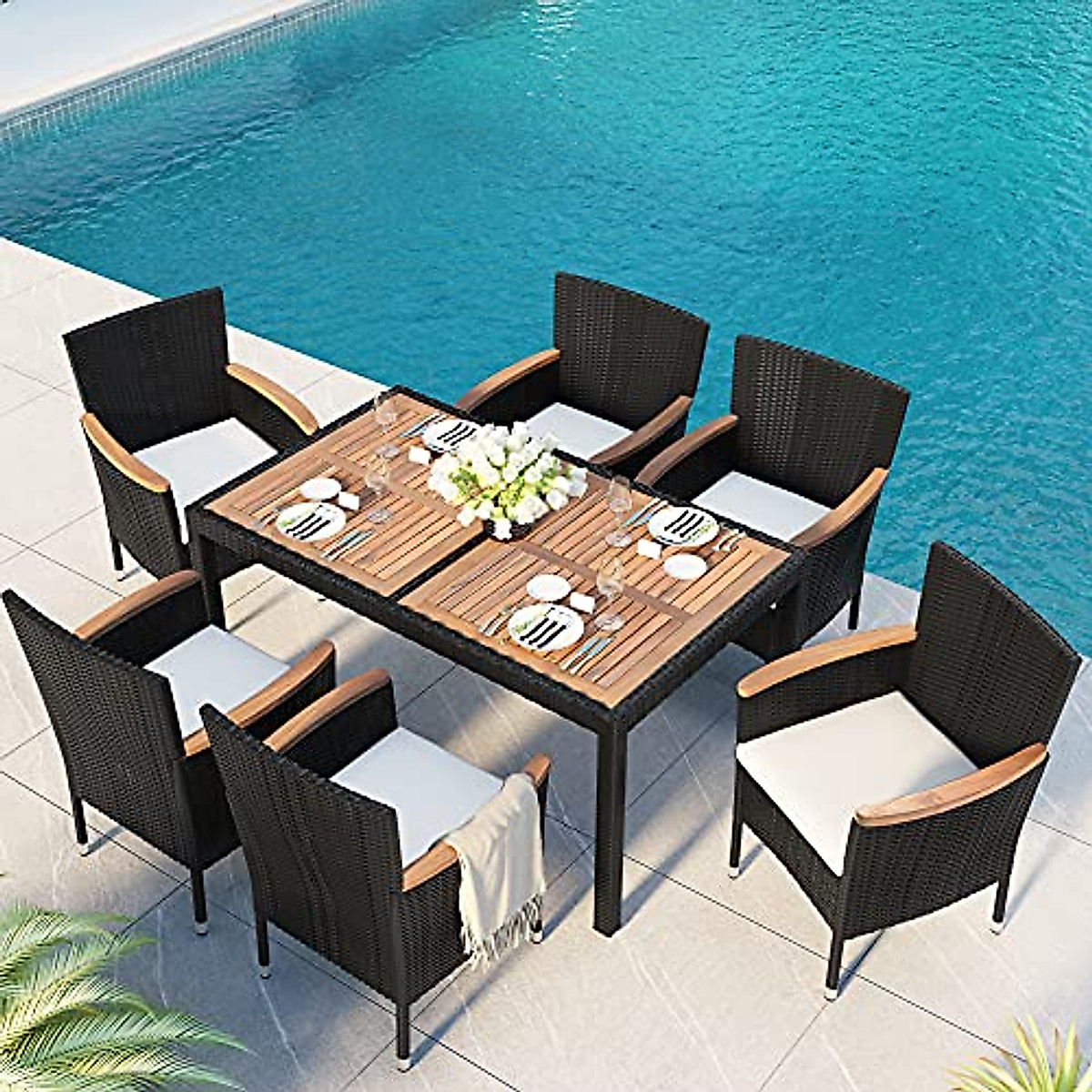 7 Pieces Outdoor Dining Set, Wicker Patio Dining Set for 6, All-Wheather Outdoor Table and Chairs with Acacia Wood Table Top and Cushions for Backyard, Garden, Poolside (Black)