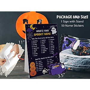 Halloween Theme Games - What's Your Spooky Name, 1 Sign with Stand and 50 Name Stickers, Halloween Party Game and Activity for Kids，Party Games，Baby Shower Games，Classroom Activity (HW001A)