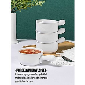 UNICASA Ceramic Soup Bowls with Handles - 14 Ounce French Onion Soup Crock Pot Microwave Oven Safe for Chili, Cereal, Stew, Set of 4 (White)