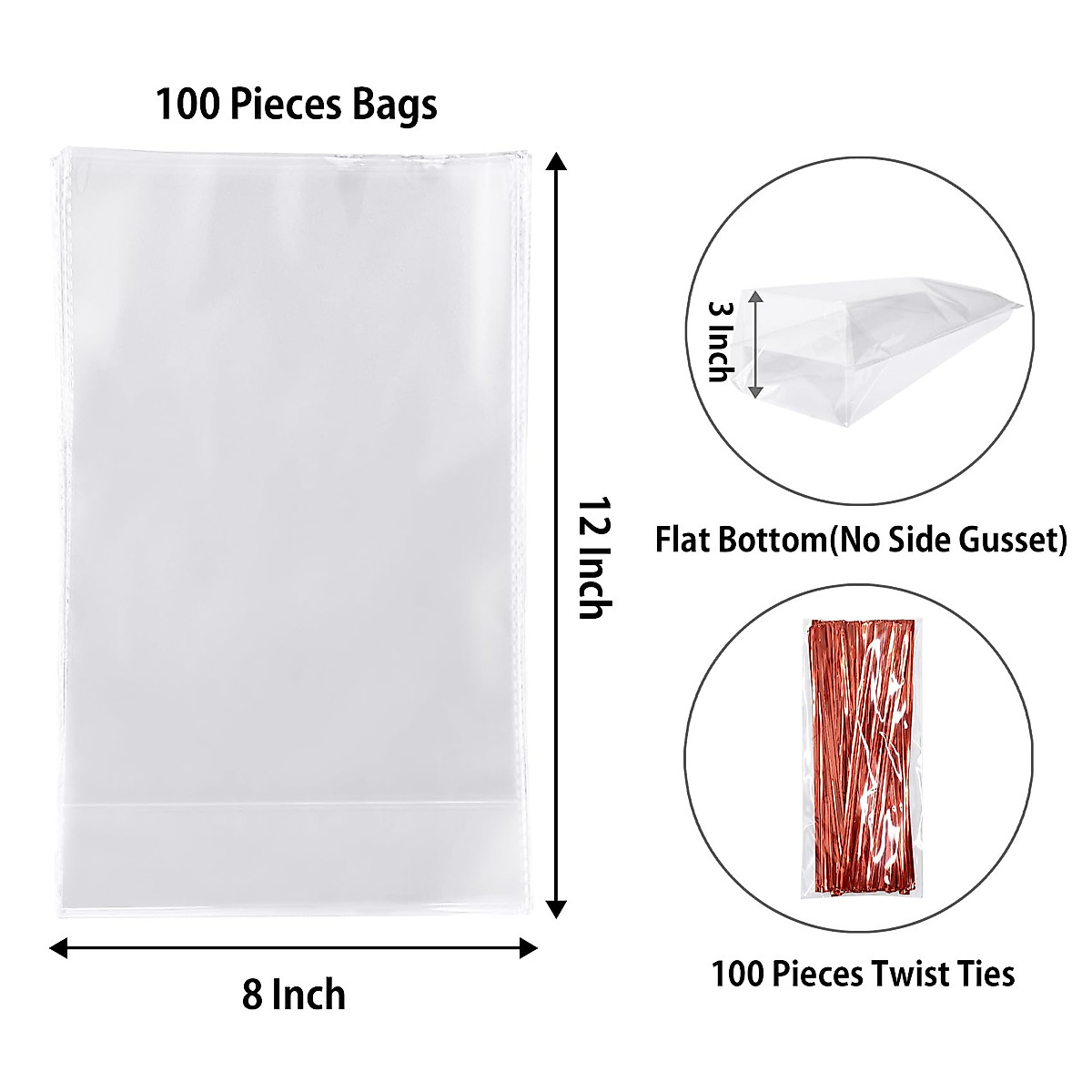 Morepack Flat Bottom Cellophane Bags,100Pcs 8x3x12 Inches Clear Flat Bottom Cellophane Treat Gift Bags with Twist Ties, Cello Bags for Cookie, Candy (No Side Gusset)