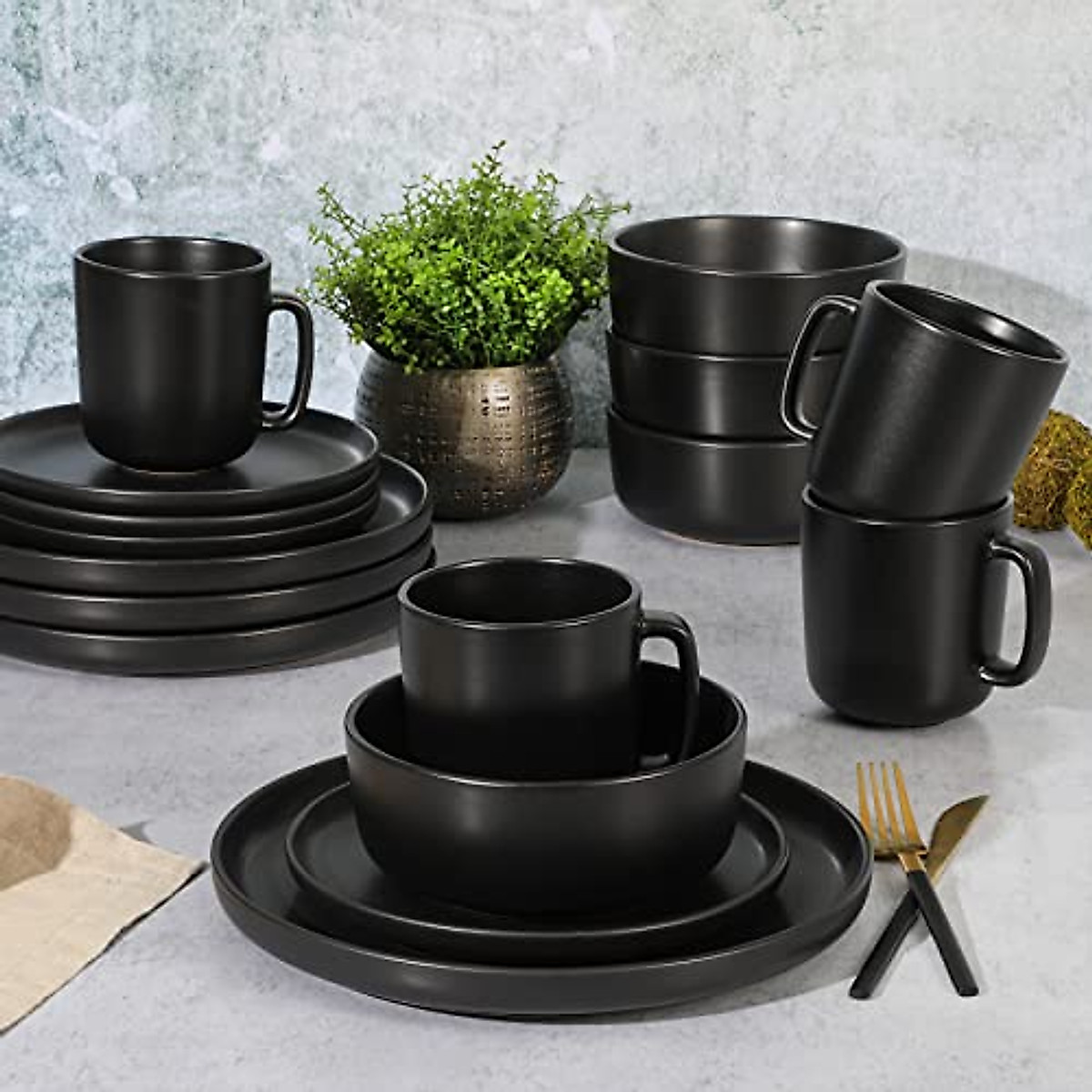 Gibson Home Zuma Stoneware Plates, Bowls, & Mugs Dinnerware Set - Matte Black, Service for Four (16pcs)