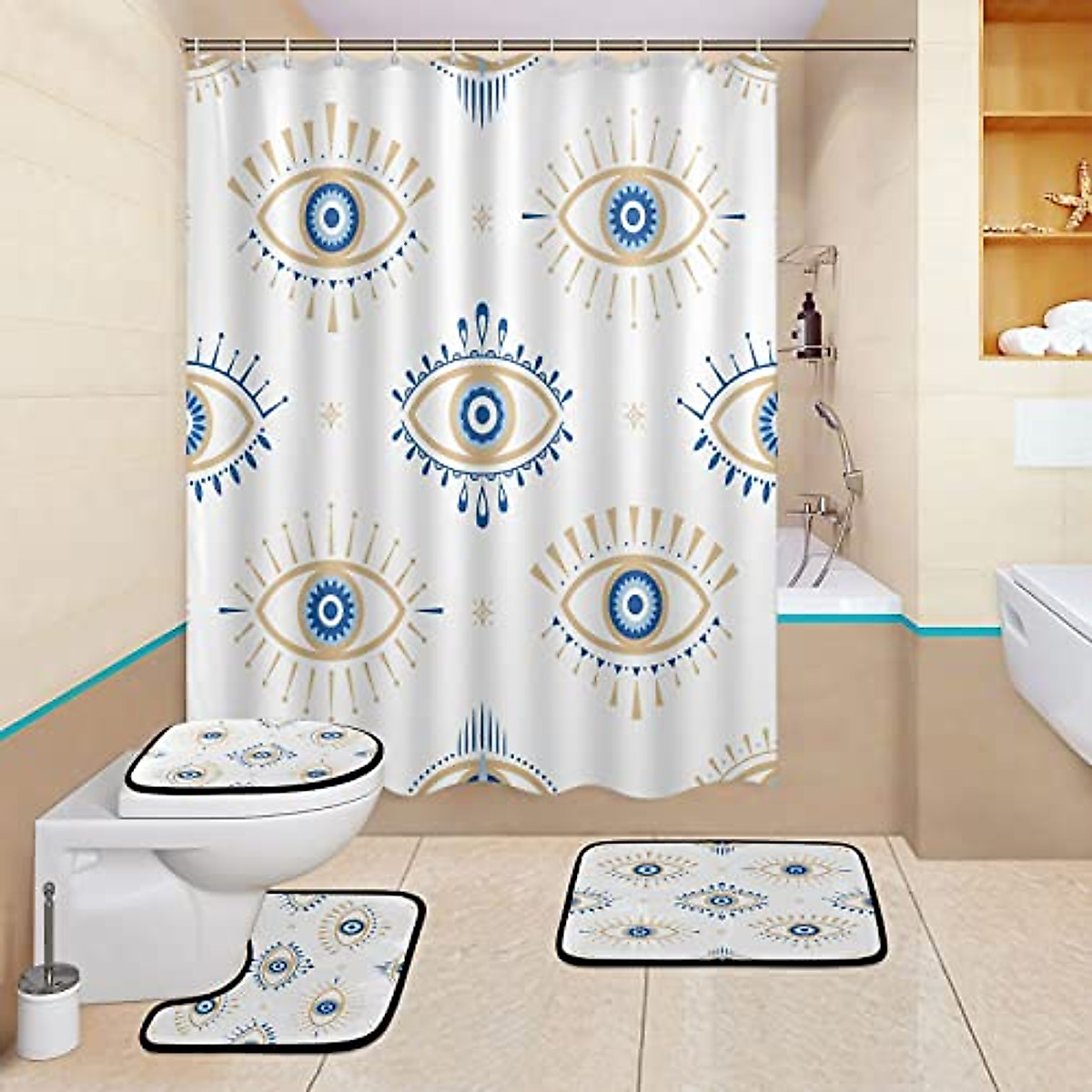 Vnurnrn 4PCS Evil Eyes Pattern Shower Curtain Set with Non-Slip Rugs, Toilet Lid Cover and Bath U-Shaped Mat, Bathroom Decor Set Accessories Waterproof Shower Curtain Sets with 12 Hooks