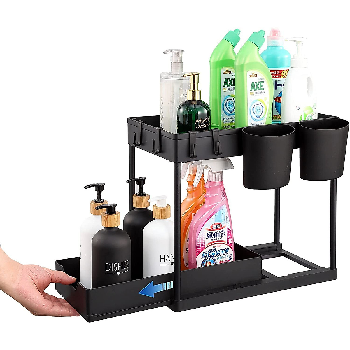 Wohingo Under Sink Sliding Organizers，2 Tier Home Under Cabinet Basket Organization and Storage Rack,Multi-purpose Countertop Storage Shelf for Bathroom Kitchen