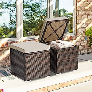 Tangkula 2 Pieces Patio Ottomans, Patiojoy Hand-Woven PE Rattan Side Table with Removable Cushion & Hidden Storage Space, Multifunctional Storage Box, Seat for Patio, Backyard, Poolside (Beige)