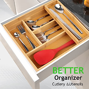 HAZWEOU Bamboo Silverware Organizer - Kitchen Drawer Organizer and Utensil Organizer - Cutlery – Flatware - Hardware Organizer, with Small Slidable Organizer(Natural)