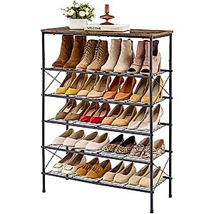 Tajsoon 6-Tier Shoe Rack Organizer, Industrial Shoe Rack for Closet Entryway, Metal Mesh Shoe Storage Shelf with X Shape Fixed Frame, Rustic Brown and Black