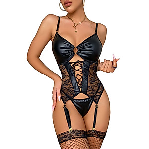 OYOANGLE Women's Floral Lace Lingerie Sets with Garter Belt 3 Piece Teddy Babydoll Bodysuit Black S