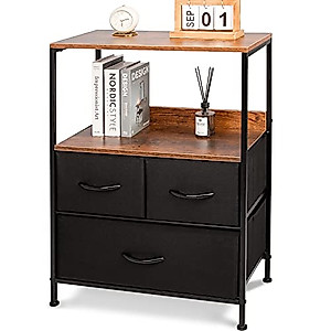 CONNOO Nightstand, Bedside Table with 3 Fabric Drawer, Storage Shelf, 2 Wooden Top, Night Stands Dresser for Bedroom, Hallway, Hotel, Closet, Nursery, Living Room, Office, Industrial Rustic Black