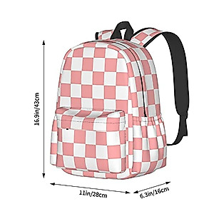 Pink White Checkered Backpack Adjustable Strap Shoulder Bag Laptop Backpack Casual Daypack