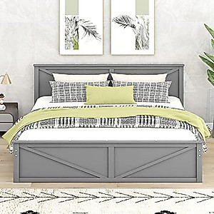 LCH King Size Platform Bed, Wooden Platform Bed Frame with 4 Storage Drawers and Support Legs, No Box Spring Needed, Grey