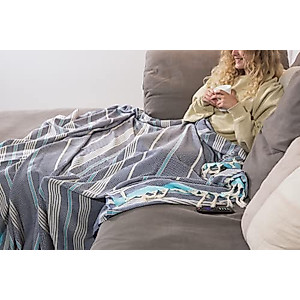 InfuseZen Turkish Cotton Throw Blanket with Diamond Weave – Lightweight Sofa Throw – Handwoven Bed Cover - Large 86” x 69” (Navy)