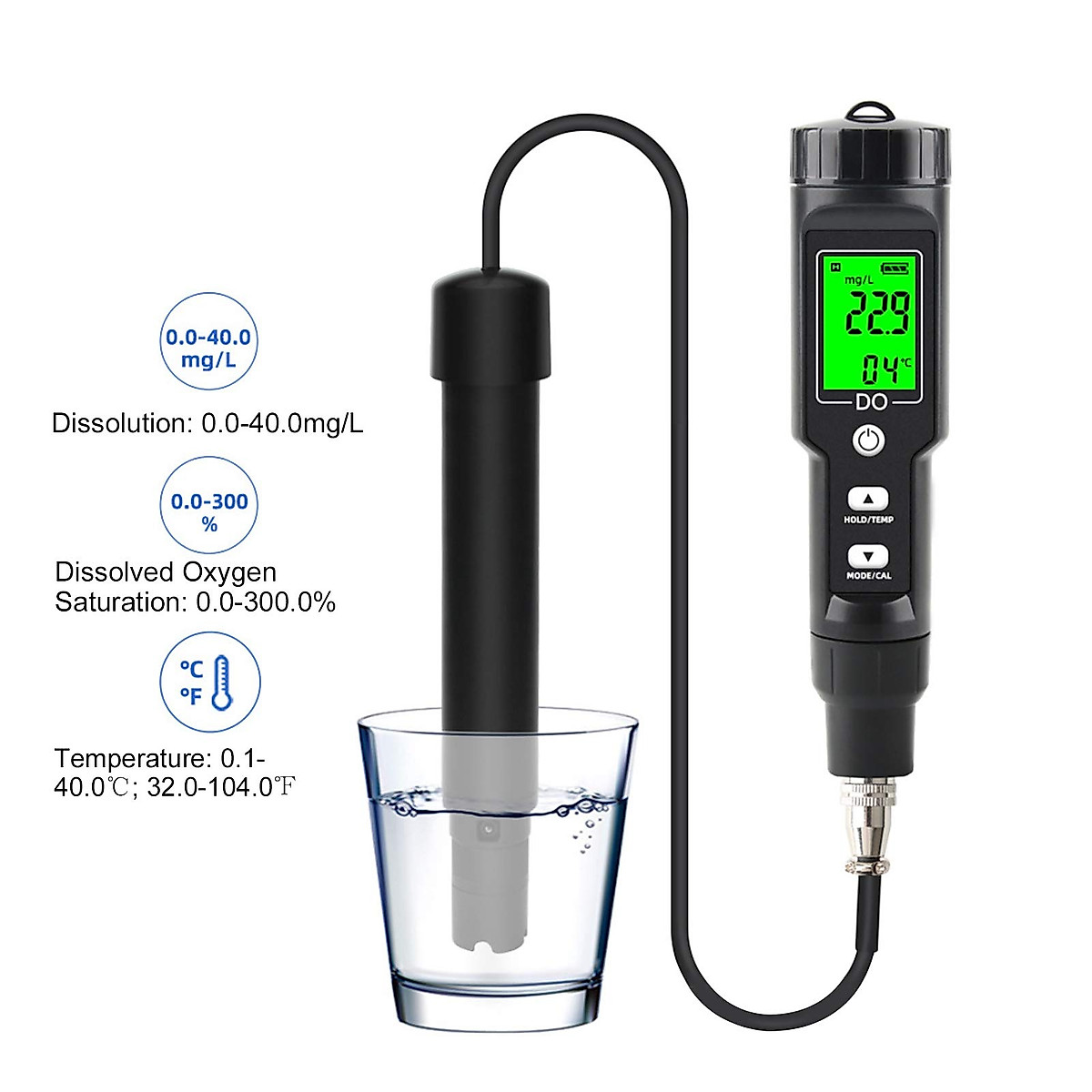 Hyuduo Digital Dissolved Oxygen Meter PH Water Quality Temperature and Humidity Meter Analyzer for 0.0‑40.0mg L Oxygen Concentration Portable DO Pen