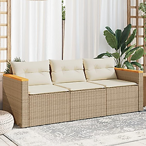 vidaXL Beige Poly Rattan 3-Seater Patio Sofa with Washable Cushions - Durable Outdoor Garden Furniture, UV-Resistant