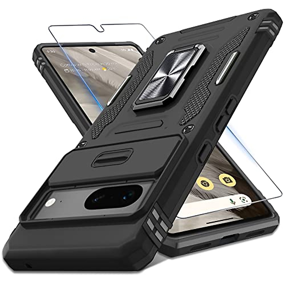 for Pixel 7 Case,Google Pixel 7 Case with Slide Camera Cover+Screen Protector (1 Pack),[Camera Protection] [Magnetic Rotate Kickstand] Military Grade Shockproof Heavy Duty Protective Cover-Black