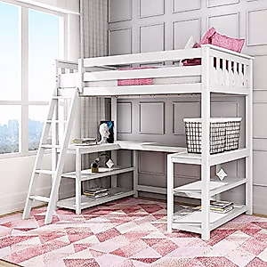 Max & Lily High Loft Bed, Twin Bed Frame For Kids With Wraparound Desk and Shelves, White