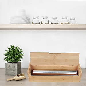 Calsign Plastic Wrap Dispenser with Cutter Bamboo 2 in 1 Aluminum Foil Organizer and Wax Paper Holder for Kitchen Drawer Compatible with 12" Roll Parchment Paper Cling Wrap Reusable Dual Organization
