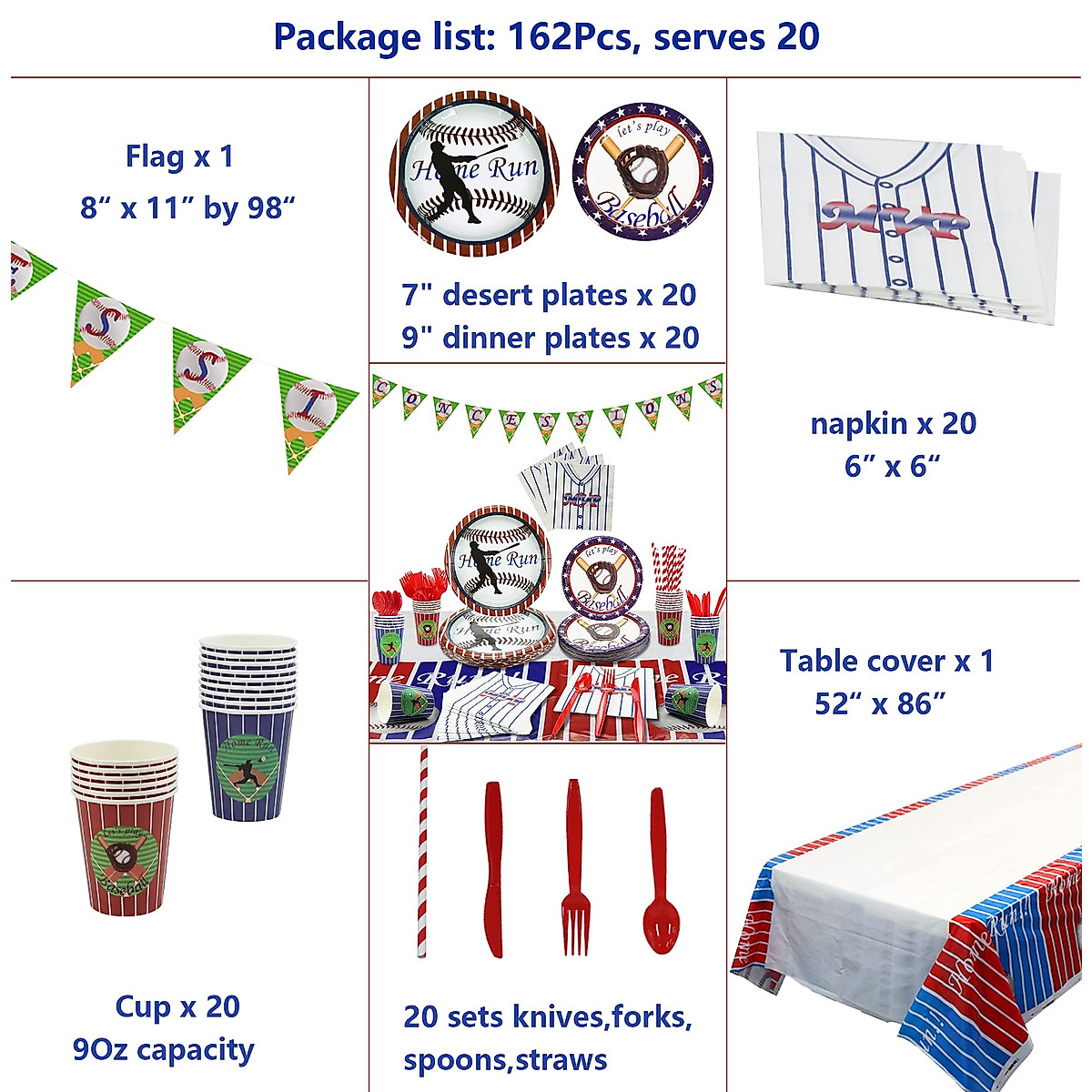 Baseball Party Supplies Sports Tableware Party Pack for Baseball Themed Birthday Party Including Plates, Cups, Napkins, Spoons, Knives, Forks, Tablecloth, Banner Serves 20
