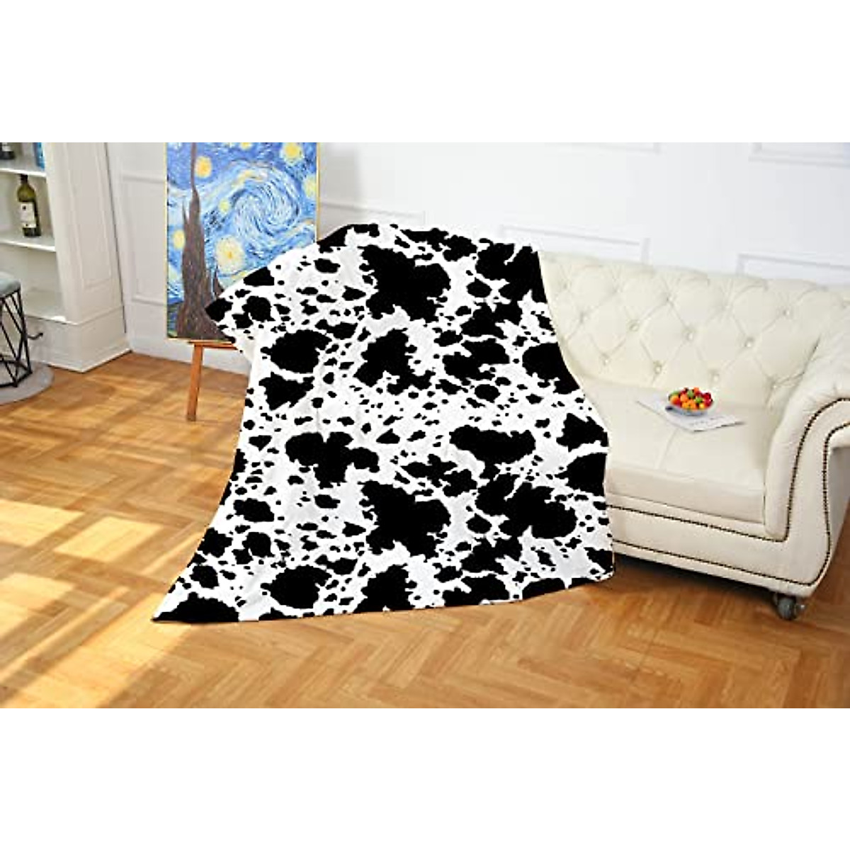 Flannel Cow Print Blanket Soft Cozy Fleece Lightweight Cow Throw Blanket for Couch Sofa Bed Office Car Travel All Season Warm Plush Black White Cow Print Throw Blankets for Kids Adults(50"×60")