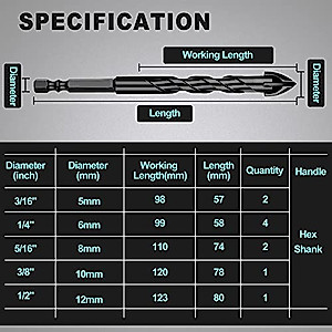 10PCS Masonry Drill Bit Set, 3/16”-1/2” Concrete Drill Bits for Tile Brick Glass Plastic, Tungsten Carbide Tip Drill Bit Work with Wood, Ceramic Tile, Wall Mirror, 1/4" Hex Shank, Black