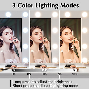 MECHYIN Vanity Desk, Make up Vanity Desk with Mirror and Lights, Vanity with Power Outlet and Stool, 3 Drawer 3 cabinets Storage Unit Dresser, Vanity with Lights 3 Models Settings for Bedroom (White)