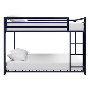 DHP Miles Low Metal Bunk Bed Frame for Kids, With Built-in Ladder, High Guardrail and Metal Slats, Floor Bed Bottom Bunk, No Boxspring Required, For Small Spaces, Full-Over-Full, Blue