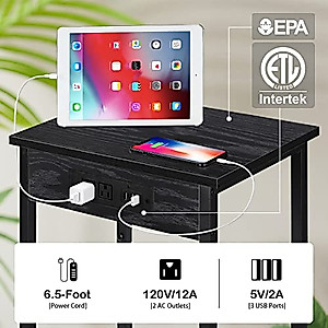 melos Nightstands Set of 2 with Charging Station, 2 Tier Bedside Table with USB Ports and Outlets, Narrow End Table with Storage Shelf, Side Tables for Bedroom, Living Room, Black